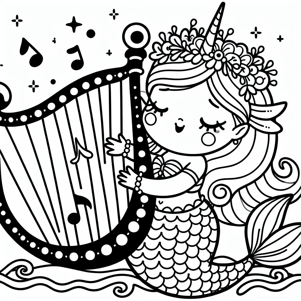 Fantasy Mermaid playing a harp Coloring Page - FREE Download